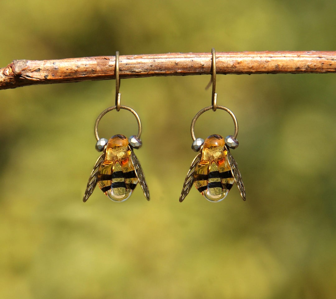 Small Lampwork Bumblebee Earrings, Amber & Black Glass Insect, Handmade ...