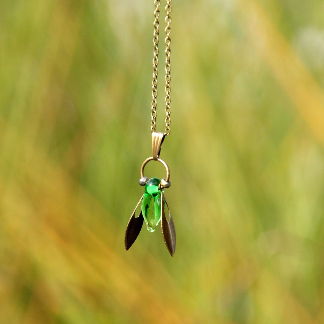 Green Lacewing Bug Necklace, Emerald Lampwork Glass Bead, Bronze Insect ...