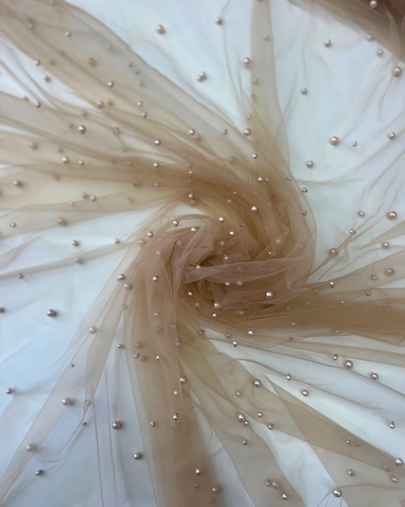 Champagne Pearl Tulle Fabric, Scattered Pearls Studded Mesh, Champagne ...
