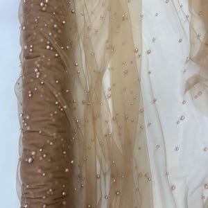 Champagne Pearl Tulle Fabric, Scattered Pearls Studded Mesh, Champagne ...