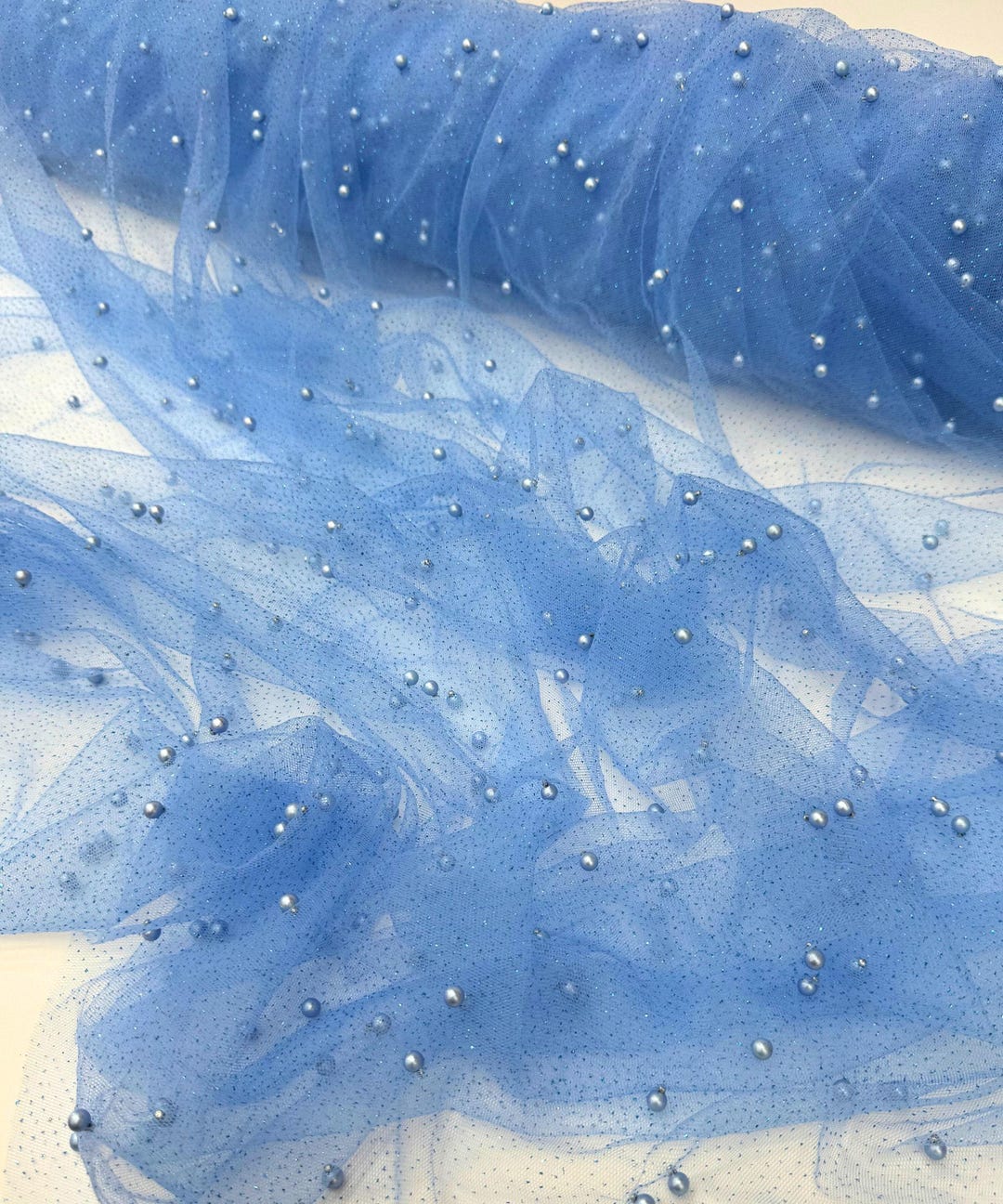 Blue Glitter Tulle Fabric, Pearl Studded Mesh, Bridal Veil, Dress ...