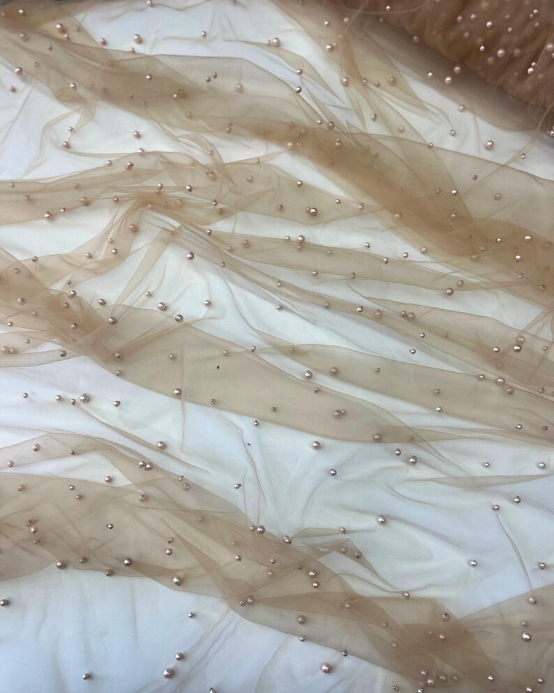 Champagne Pearl Tulle Fabric, Scattered Pearls Studded Mesh, Champagne ...
