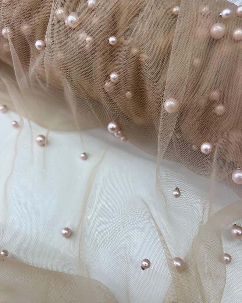 Champagne Pearl Tulle Fabric, Scattered Pearls Studded Mesh, Champagne ...