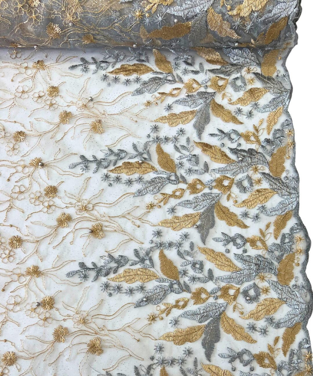 Gold Silver Embroidered Lace, Beaded Pearl Lace Fabric, Gold ...