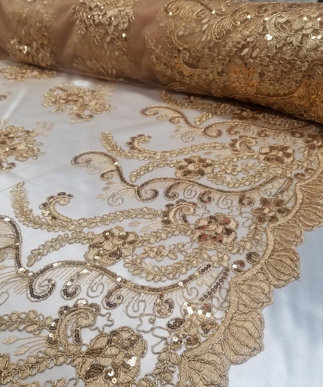 Gold Floral Lace by the Yard, Gold Embroidery on Lace Fabric With ...