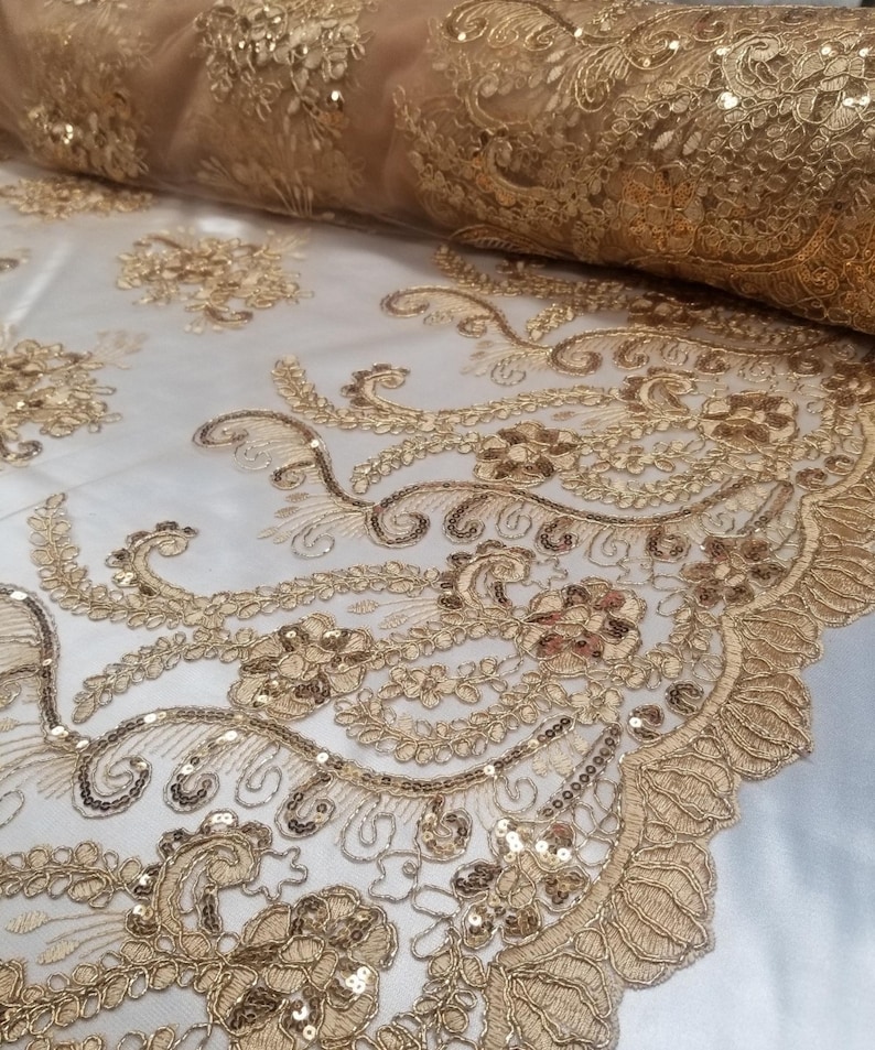 Gold Floral Lace by the Yard, Gold Embroidery on Lace Fabric With ...