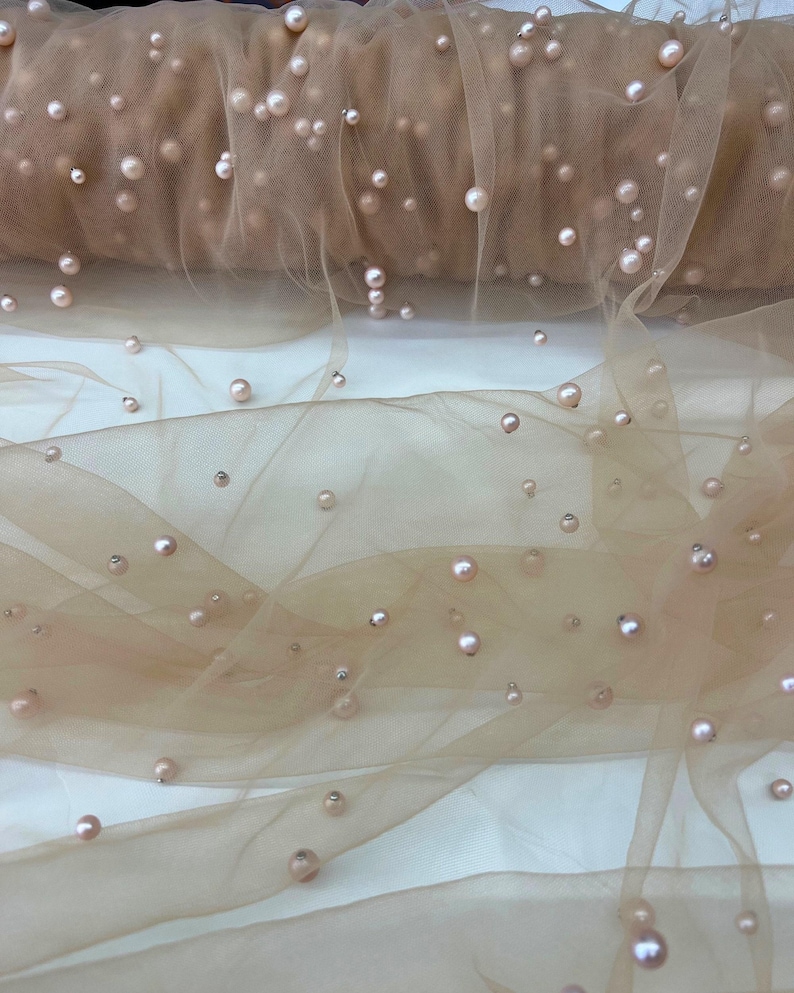 Champagne Pearl Tulle Fabric, Scattered Pearls Studded Mesh, Champagne ...