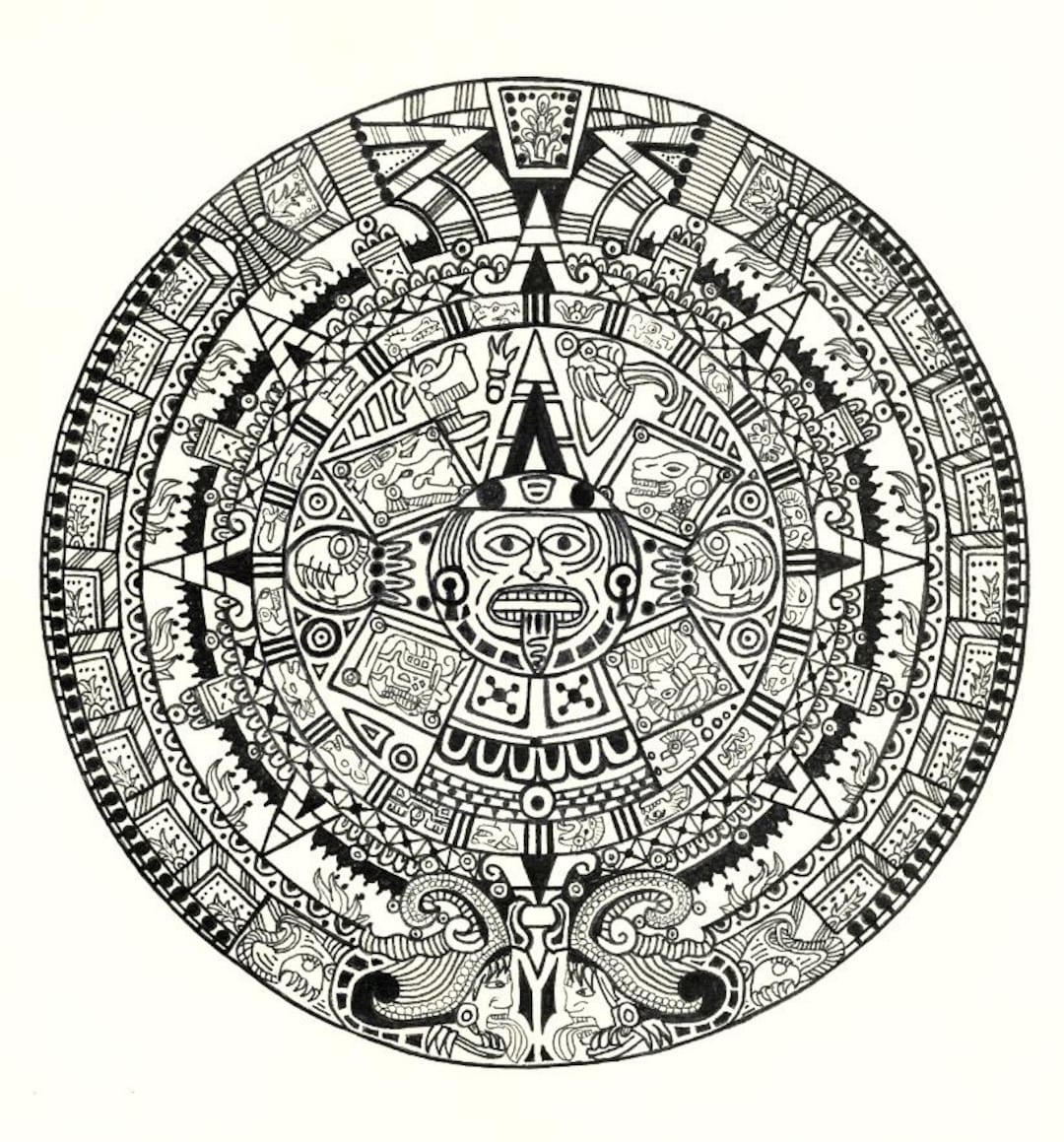 Aztec Sun Stone Drawing – Sacred Tonatiuh Calendar Art Print – Hand ...