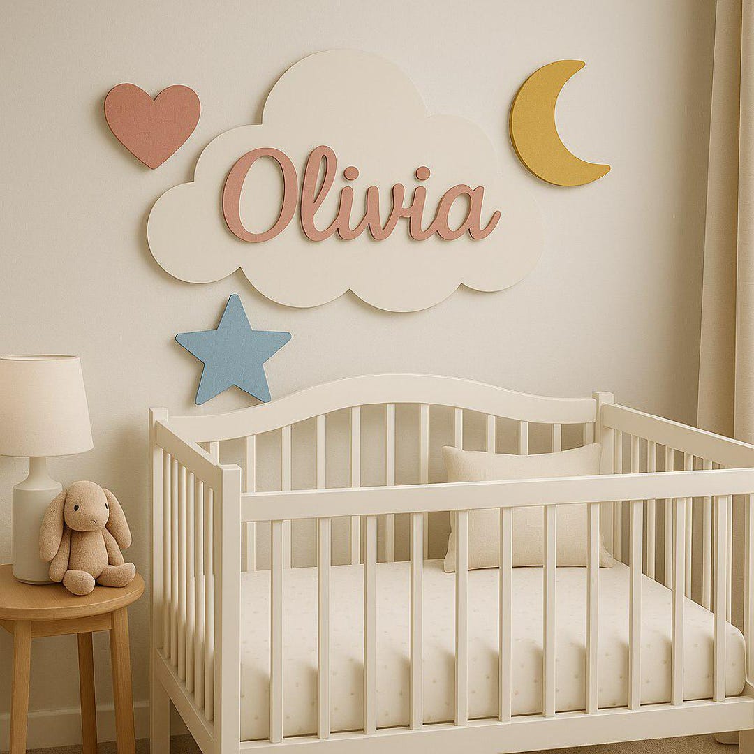 Personalized Cloud Baby Name Sign – 3D Wooden Nursery Wall Decor, Above ...