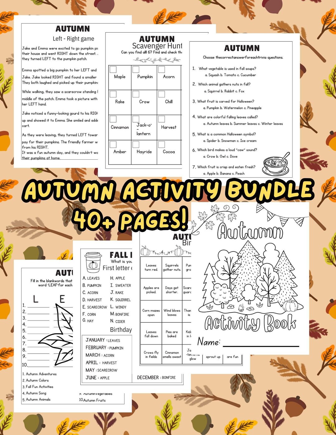 Fall Activity Book for Kids: Autumn Games, Puzzles, Worksheets (instant ...