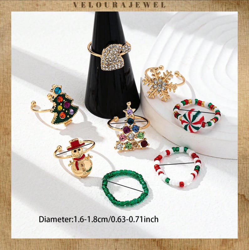 8 Pcs Christmas Rings Set,boho Stackable Holiday Rings,snowman Tree ...