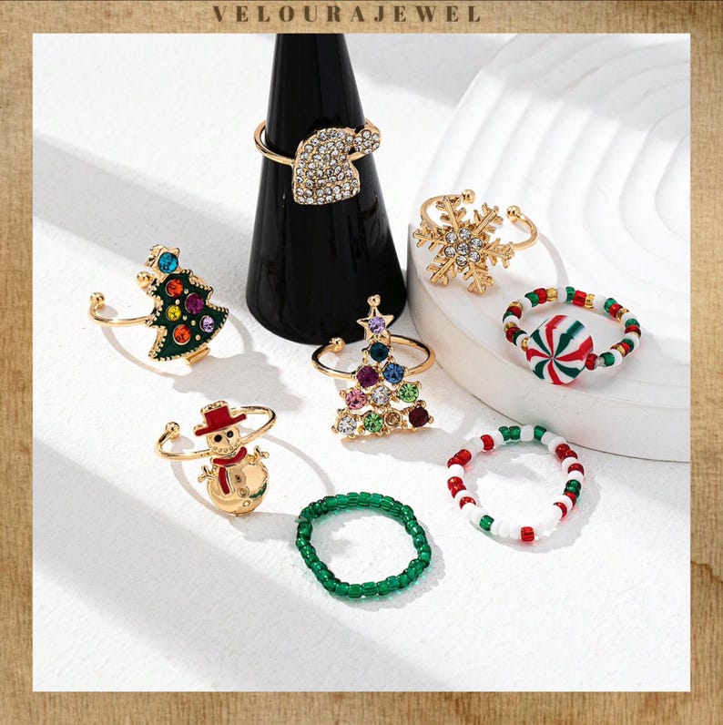 8 Pcs Christmas Rings Set,boho Stackable Holiday Rings,snowman Tree ...