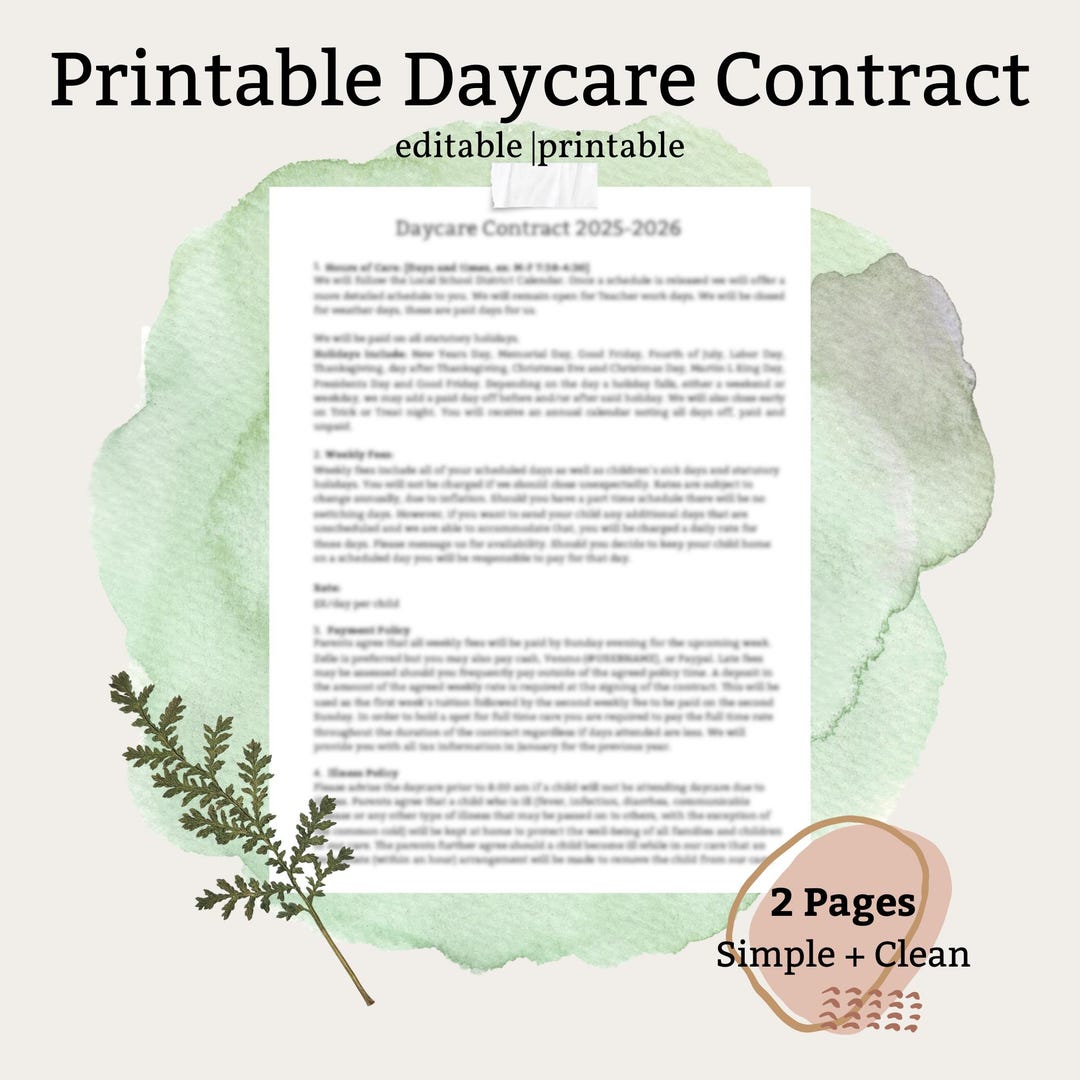 Printable Daycare Contract | Editable Childcare Template - Etsy