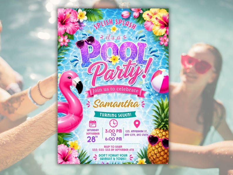 Pink Flamingo Pool Party Invitation – Editable Summer Birthday Invite ...
