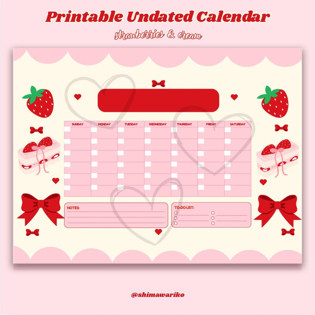 Strawberries and Cream Undated Printable Calendar | Cute Aesthetic ...