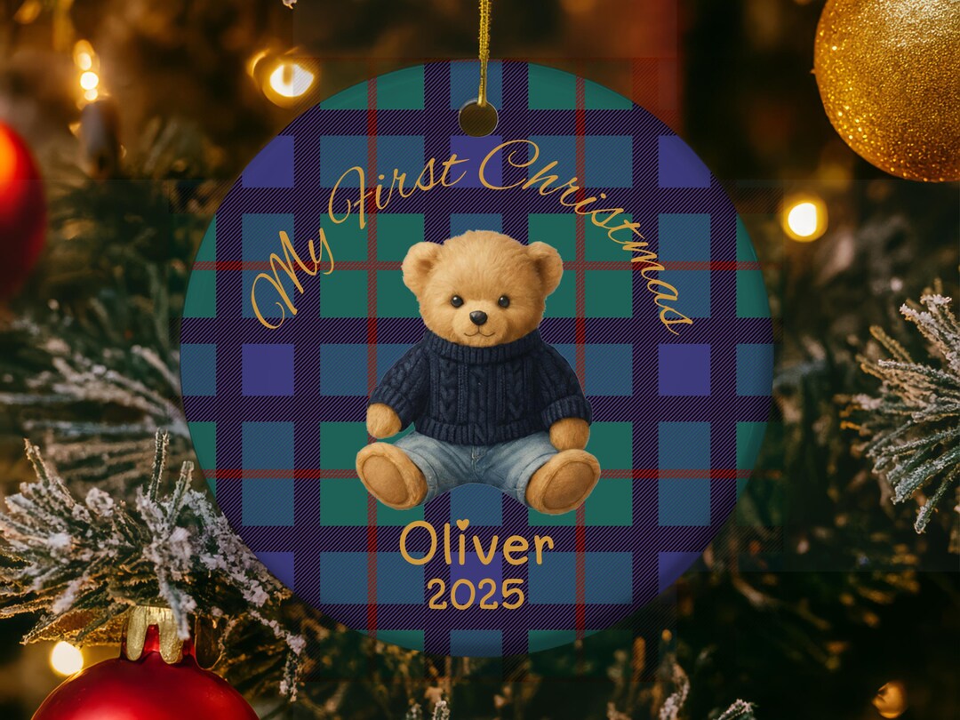 Personalized Teddy Bear First Christmas Ornament, Plaid Background ...