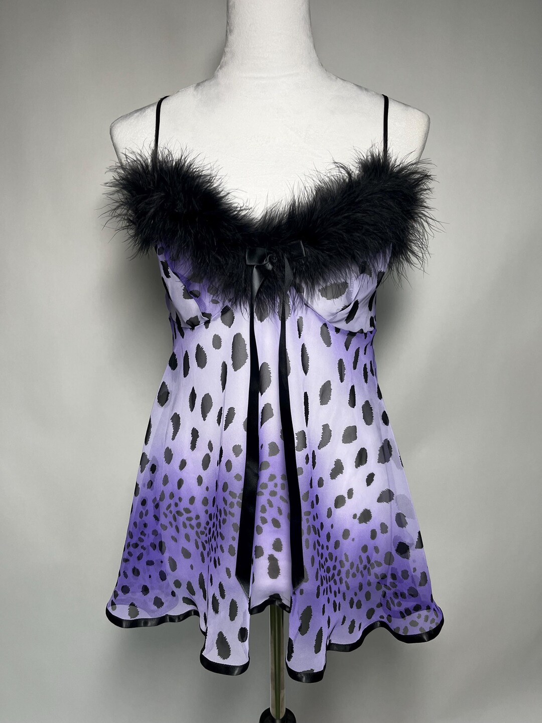 90s Shirley of Hollywood Purple Cheetah Marabou Feather Trim Babydoll ...