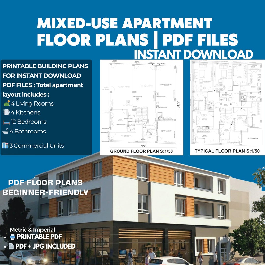 Mixed-use Apartment Floor Plans | Simple Blueprint PDF Files - Etsy