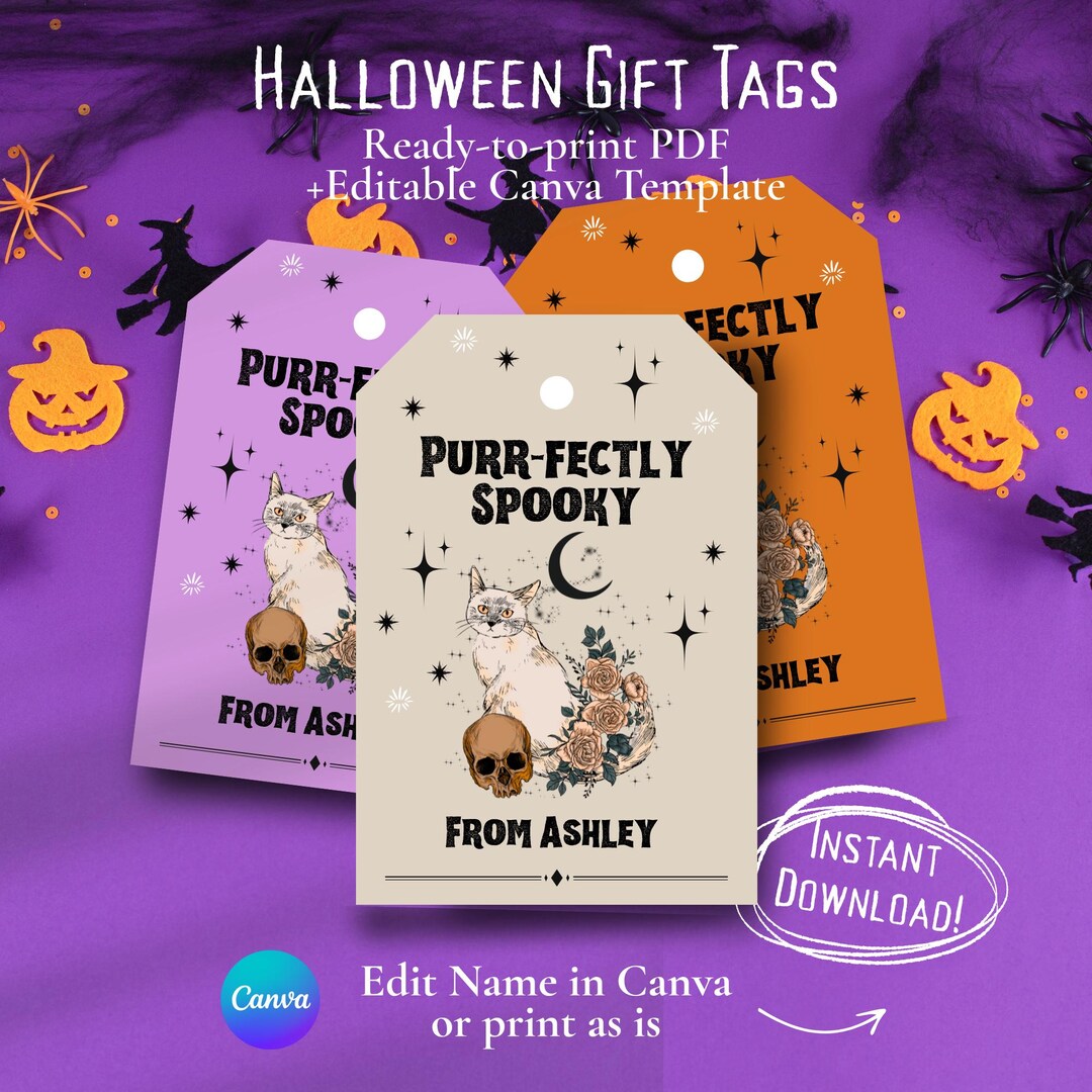 Editable Halloween Cat Gift Tags: Witch Party Favor Labels (PDF + Canva ...