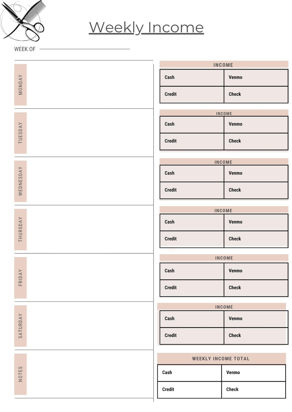 Weekly Income Tracker for Hairstylists | Printable Salon Income Log ...