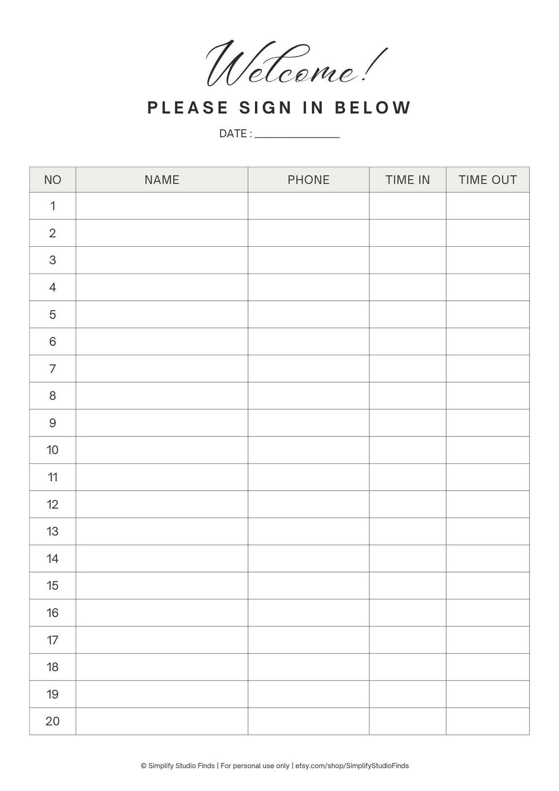 White Minimalist Daily Sign-in Sheet Planner - Etsy