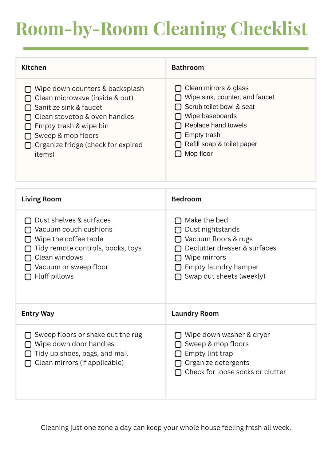 Room-by-room Cleaning Checklist Printable | Home Organization Planner ...
