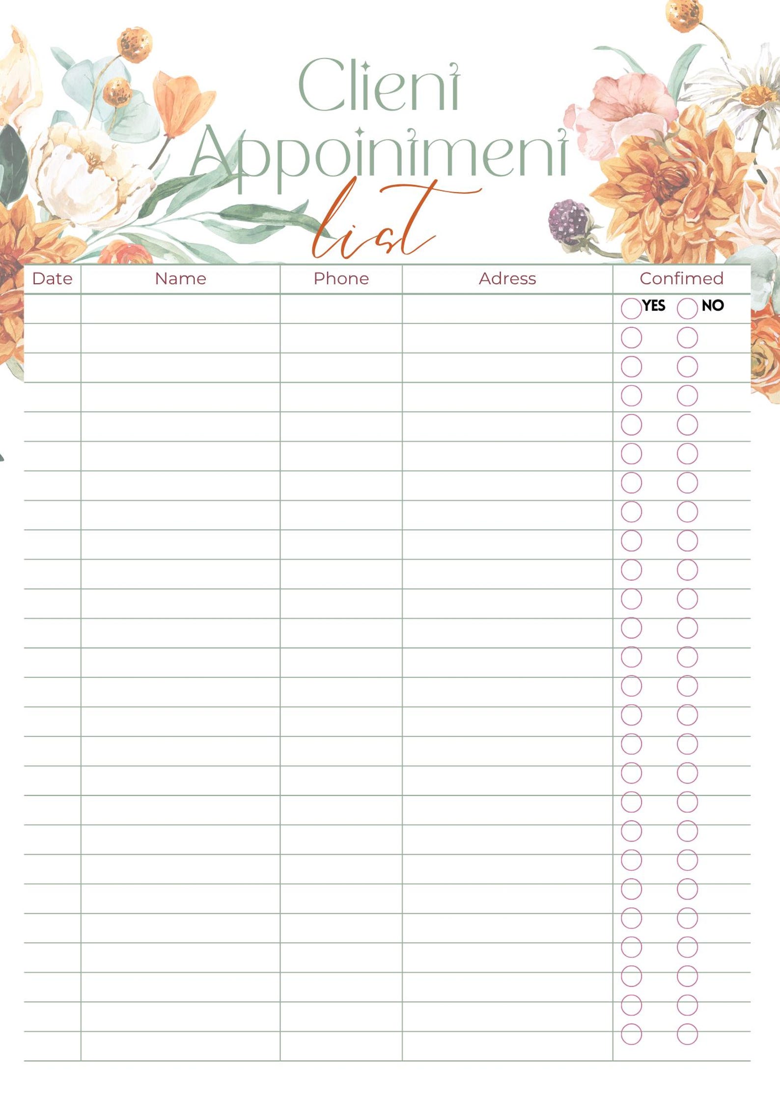 Client Appointment List Printable | Floral Hair Stylist Booking Sheet ...