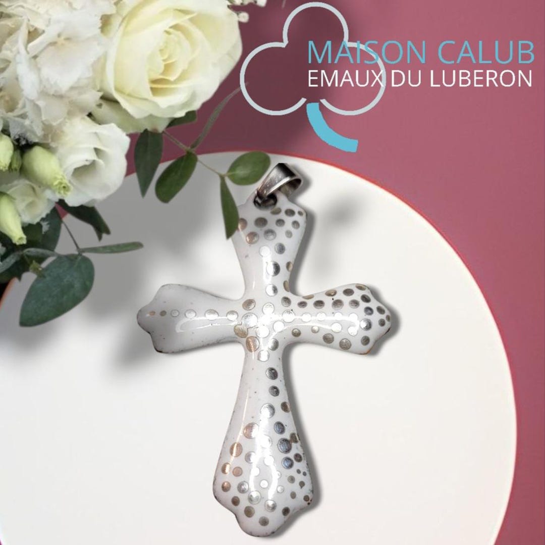 White and Silver Enameled Cross Pendant - Grand Feu Enamel - Silver ...