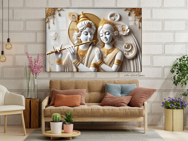 Young Teenage Radha Krishna 3D Painting White Gold, Indian Spiritual ...