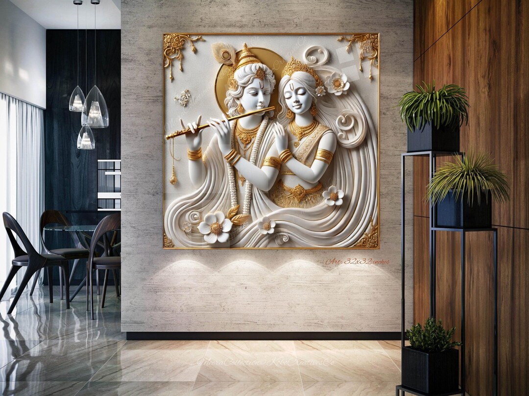 Young Teenage Radha Krishna 3D Painting White Gold, Indian Spiritual ...