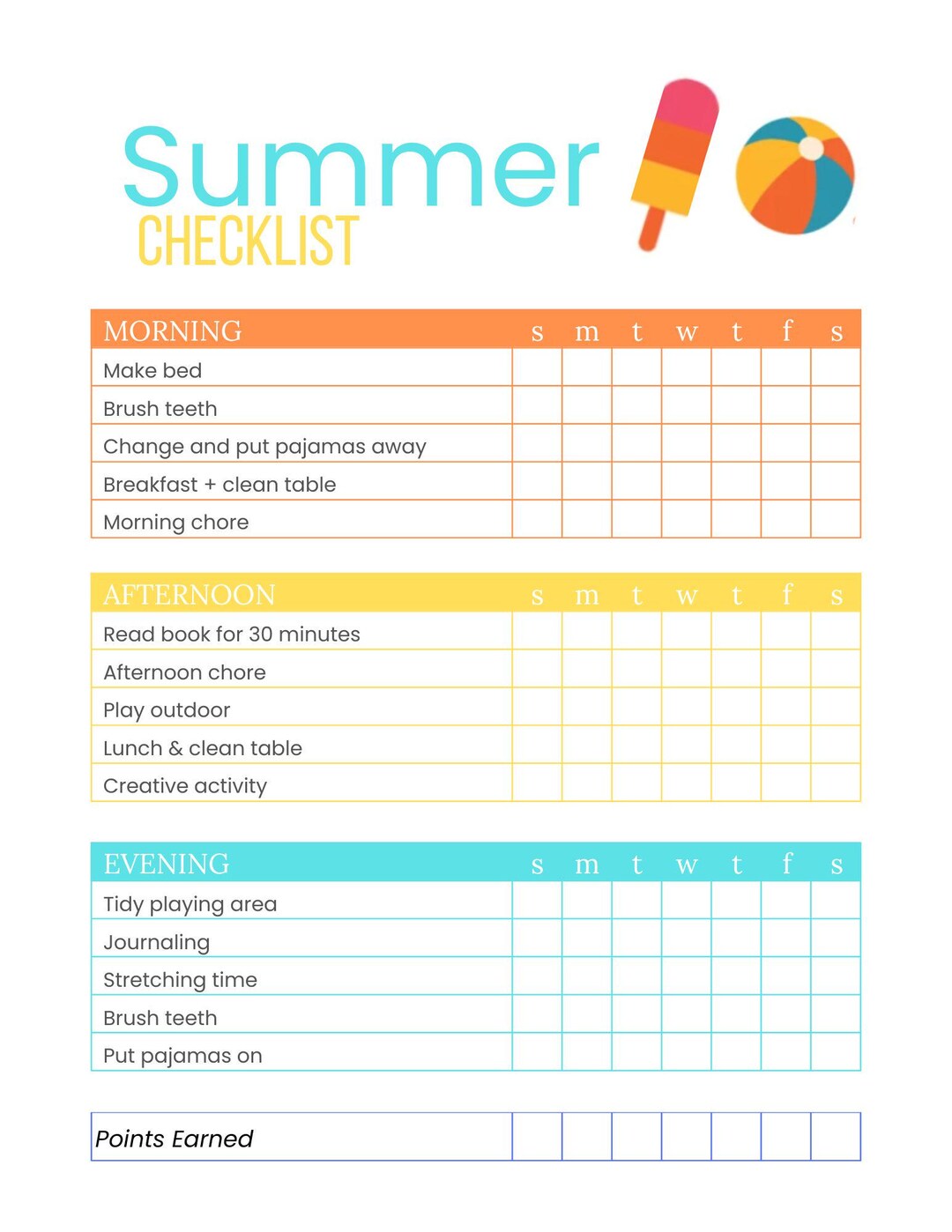 Chore Summer Kids Chart, Summer Chart, Summer Kids Tasks - Etsy