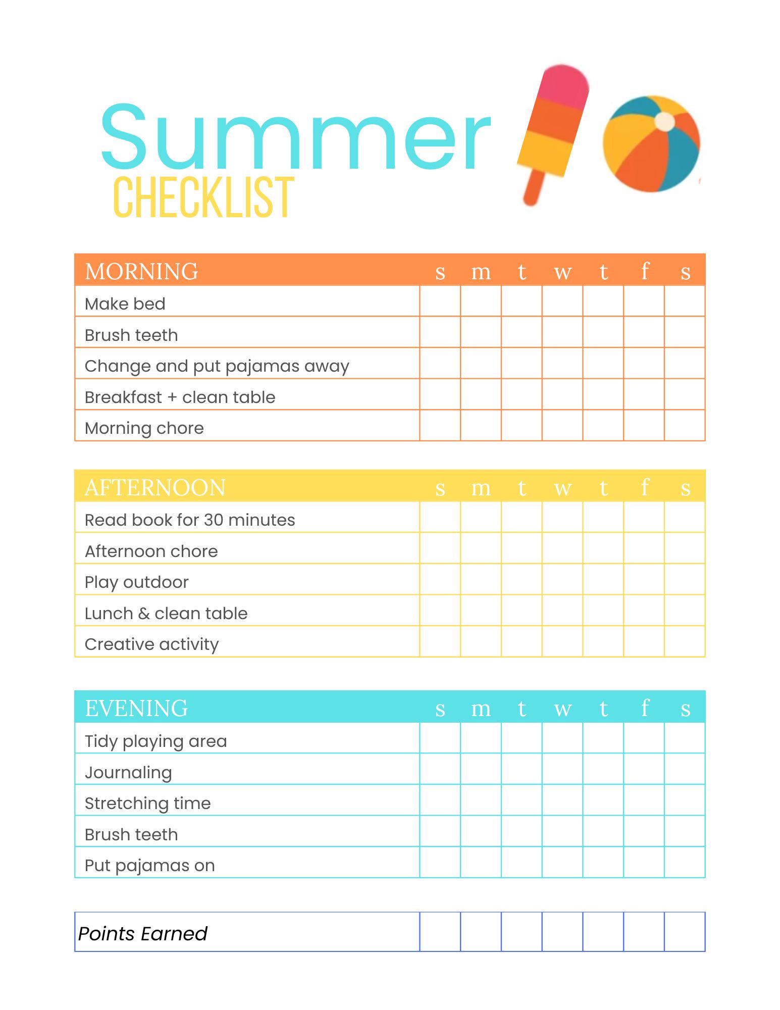 Chore Summer Kids Chart, Summer Chart, Summer Kids Tasks - Etsy