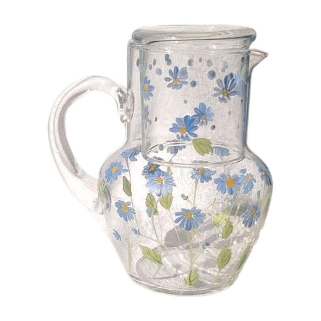 Vintage Hand-painted Floral Carafe Set: Blue Daisy Bedside Pitcher - Etsy
