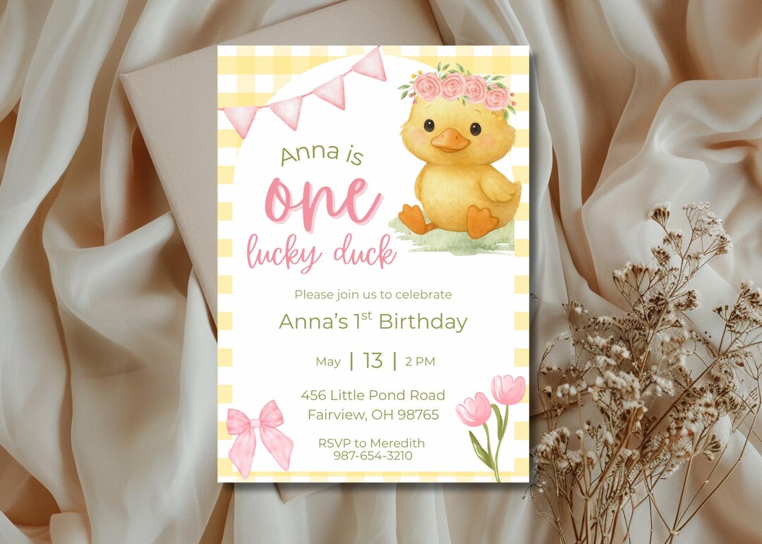 Lucky Duck 1st Birthday Invitation | Watercolor Duckling, Gingham ...