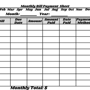 Monthly Bill Payment Sheet Instant PDF Print - Etsy