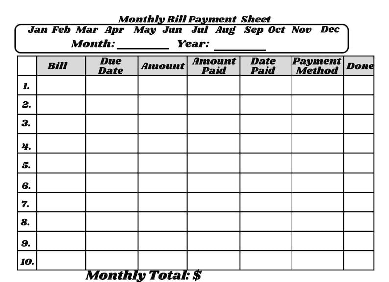 Monthly Bill Payment Sheet Instant PDF Print - Etsy