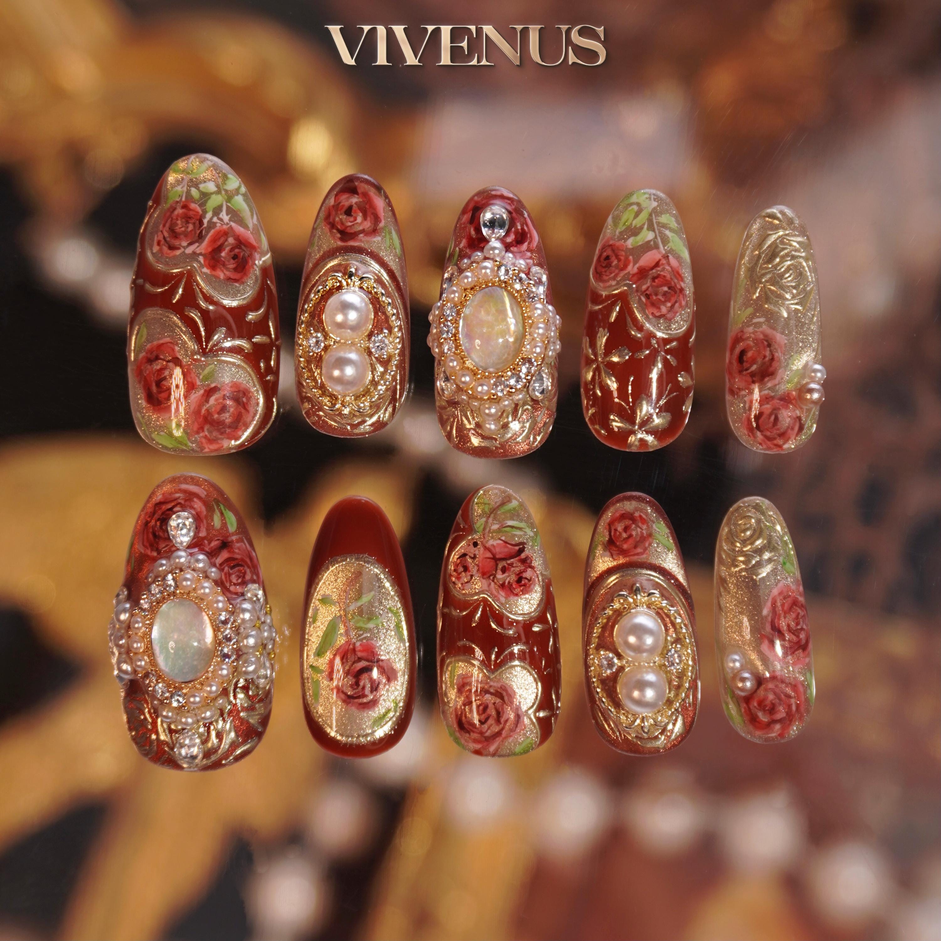 Victorian Rose Luxury Press on Nails – Baroque Gold Pearl 3D Nail Art ...