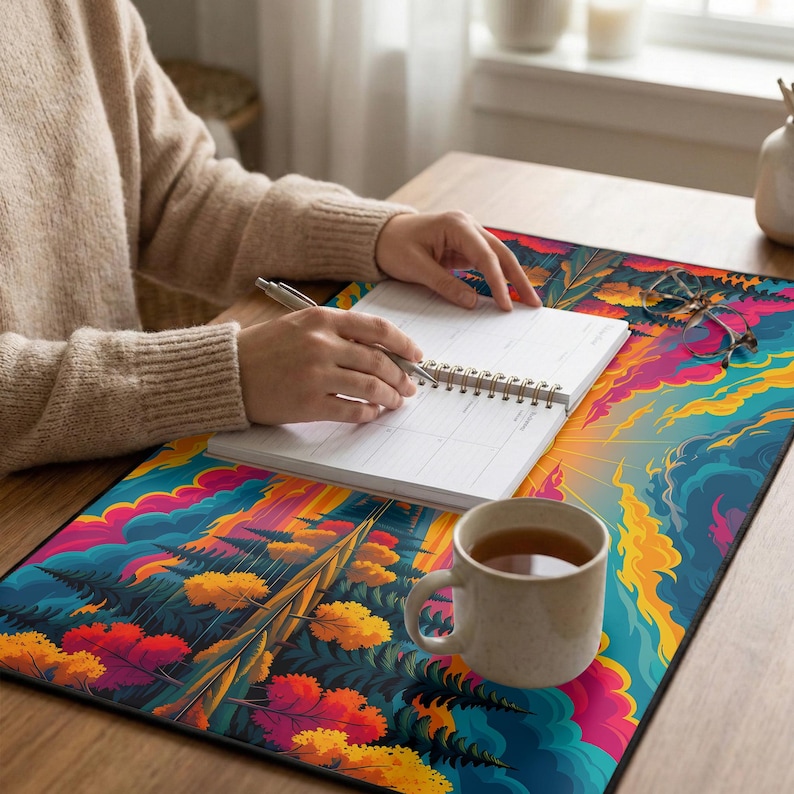 Psychedelic Sunset Lake Desk Mat: Vibrant Nature Landscape Artistic ...