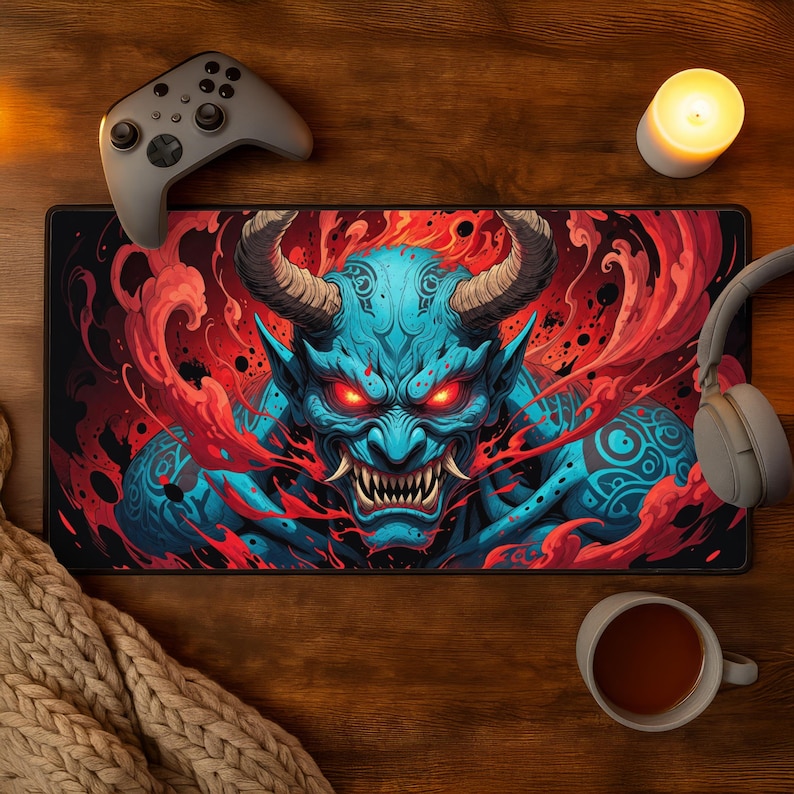 Fierce Blue Oni Demon Desk Mat Gaming Extended Mouse Pad Dark Fantasy ...