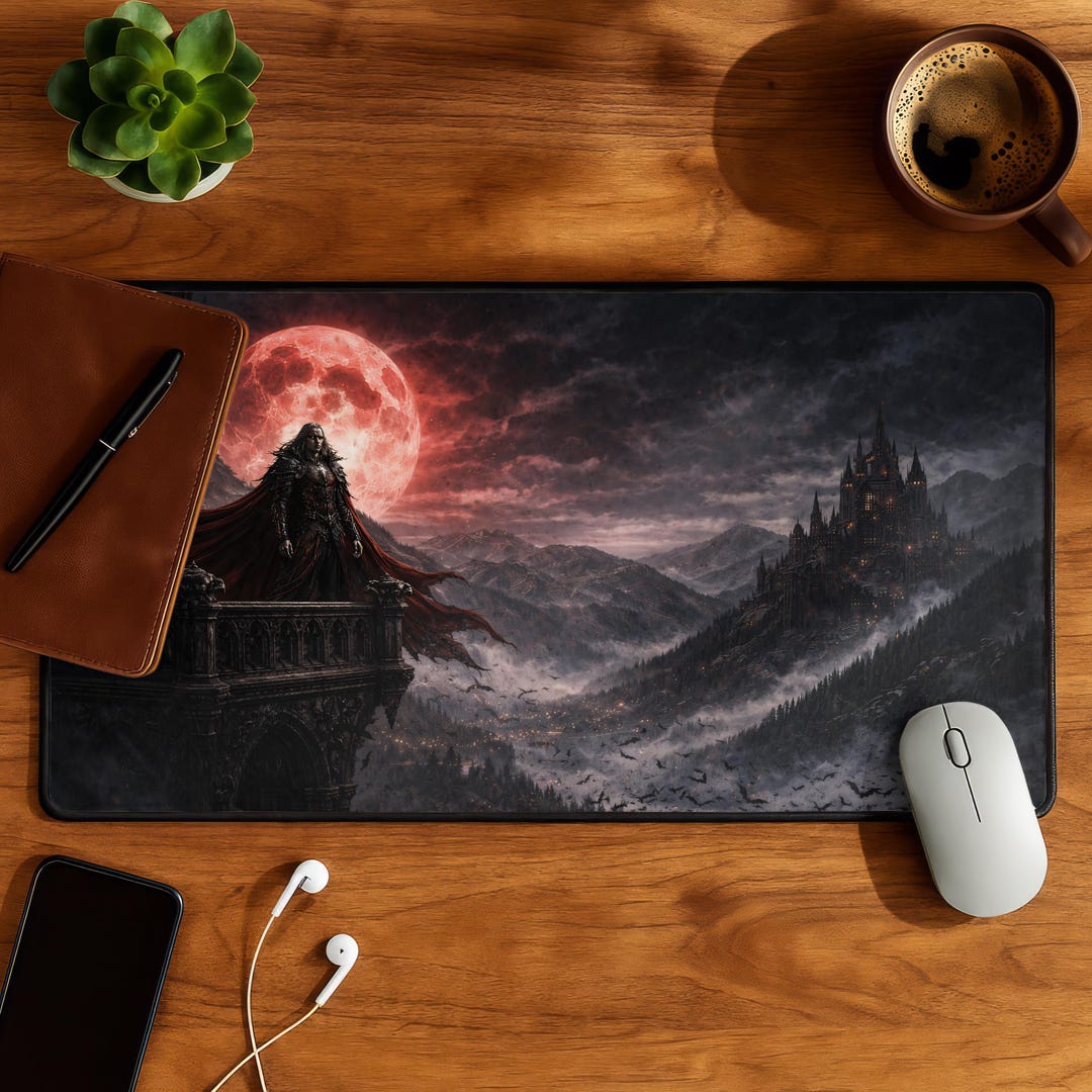 Vampire Lord Desk Mat, Blood Moon Gothic Castle Gaming Mat, Dark ...