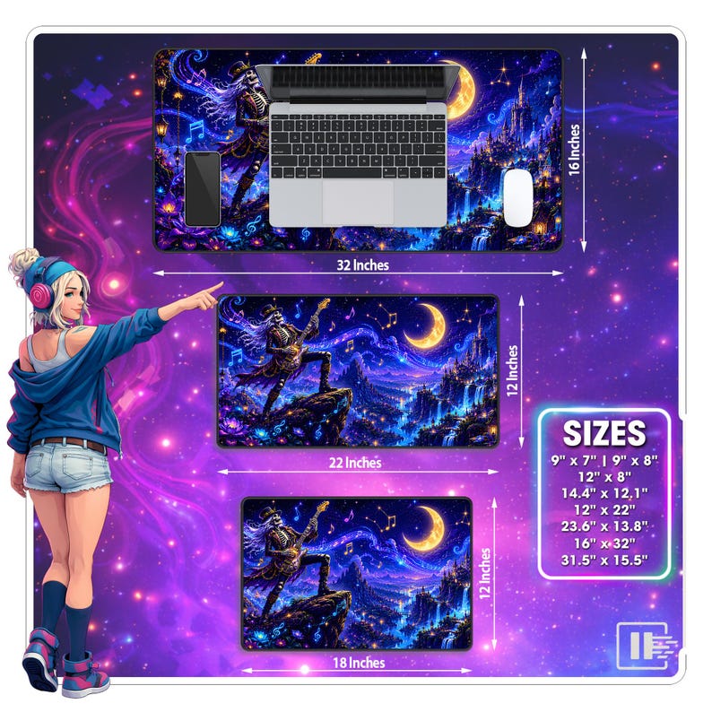 Skeleton Rocker Desk Mat Fantasy Guitar Player Mouse Pad Glowing Music ...