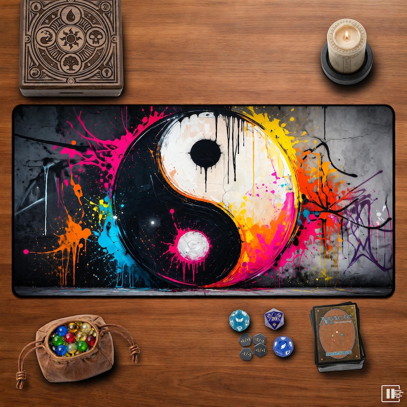 Vibrant Graffiti Yin Yang Desk Mat Neon Paint Splatter Abstract Urban ...