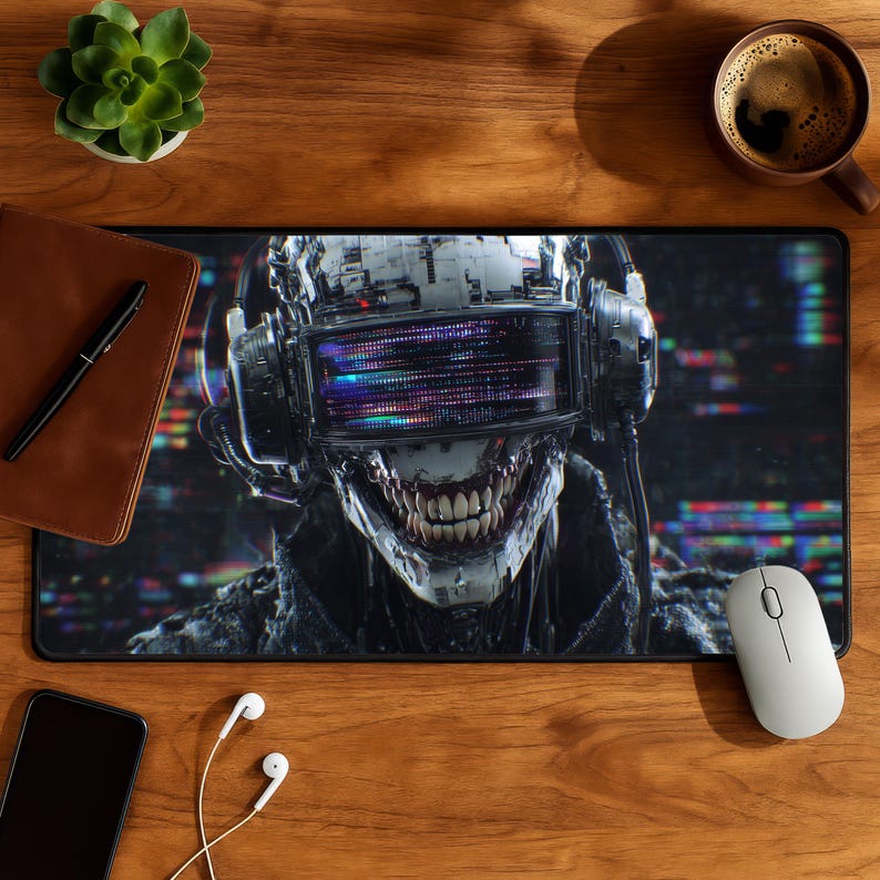 Cyberpunk Desk Mat | Glitched Cyborg Mouse Pad | Neon Static Gaming ...