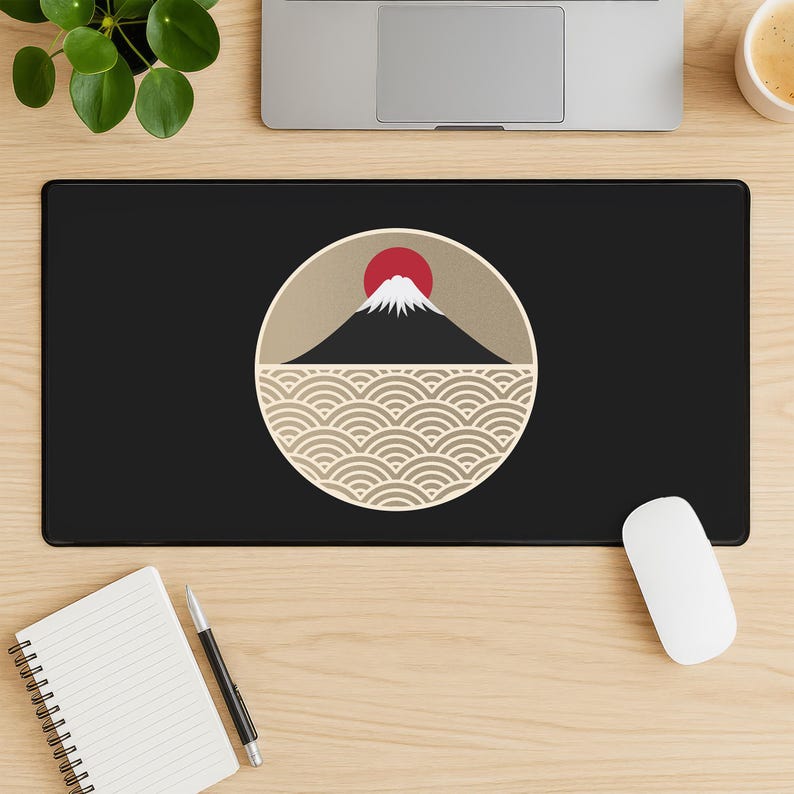 Mount Fuji Japanese Art Desk Mat – Minimalist Seigaiha Wave Workspace ...