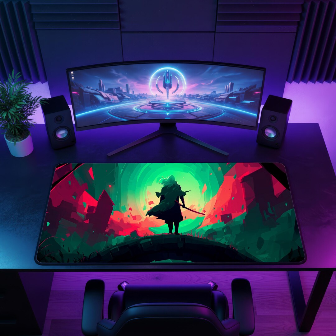 Neon Samurai Desk Mat: Cyber Forest Gaming Mousepad XXL, Futuristic ...