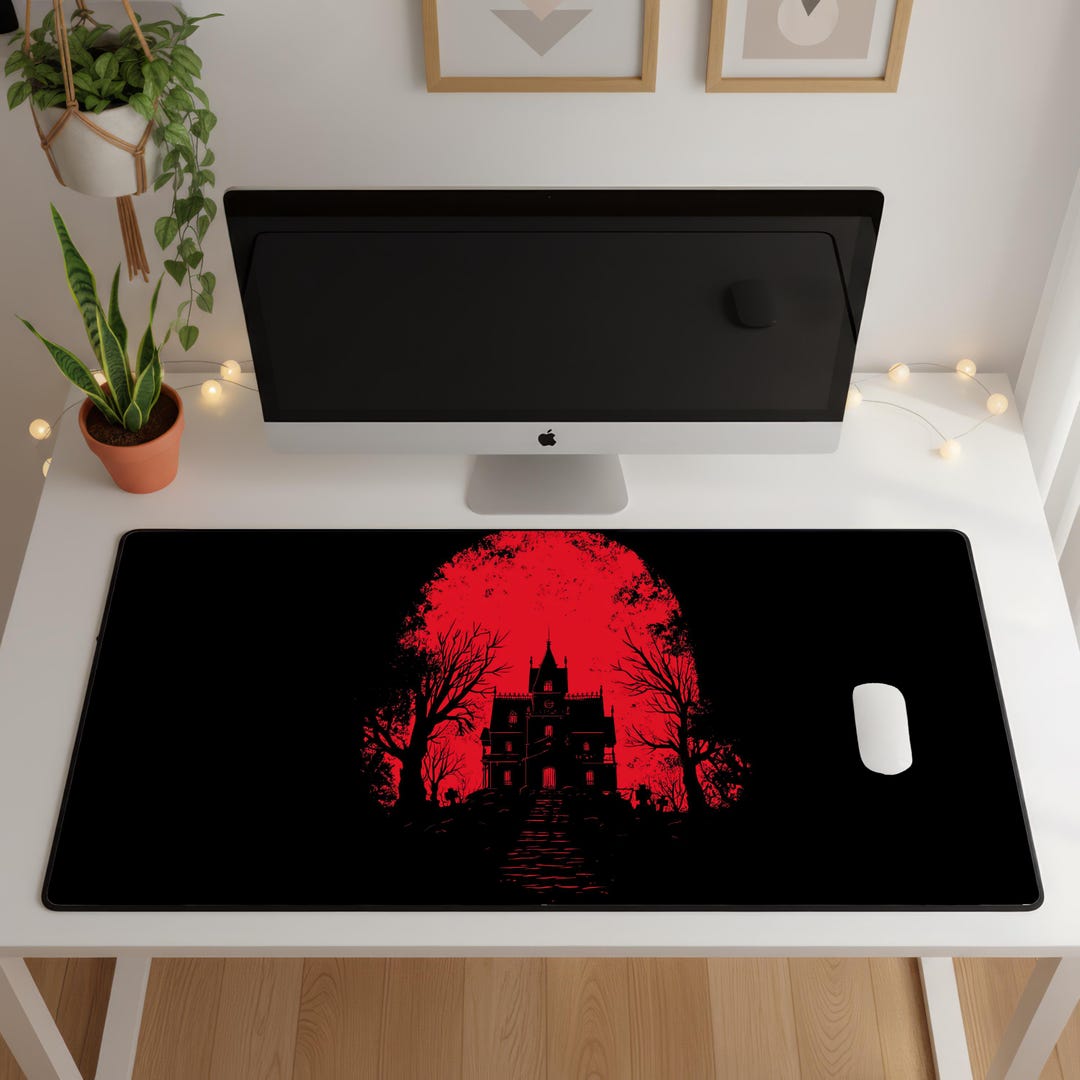 Gothic Haunted Mansion Desk Mat for Gamers Dark Castle Red Horror Art ...