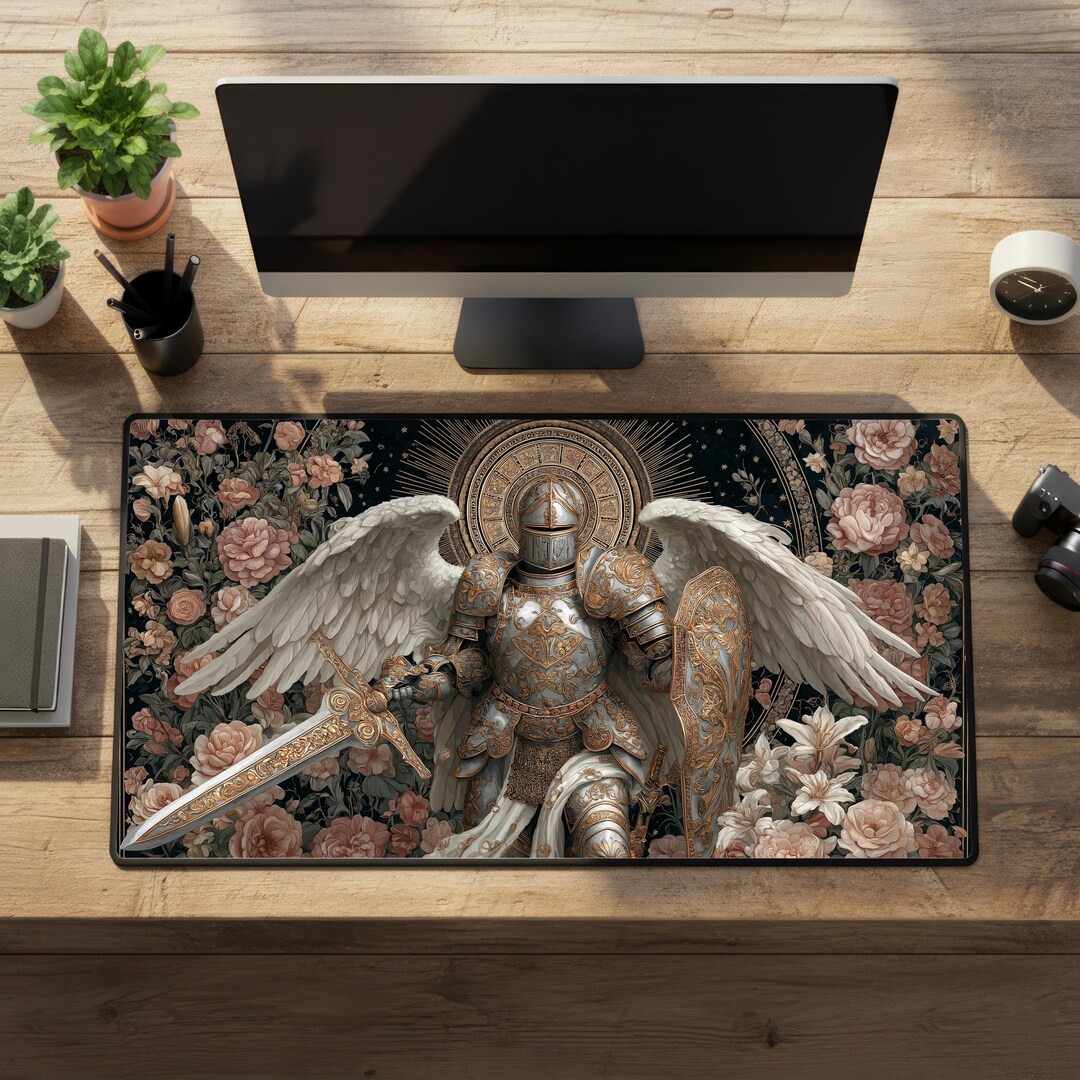 Angelic Guardian Knight Desk Mat Gaming Mousepad XXL Floral Desk Mat ...