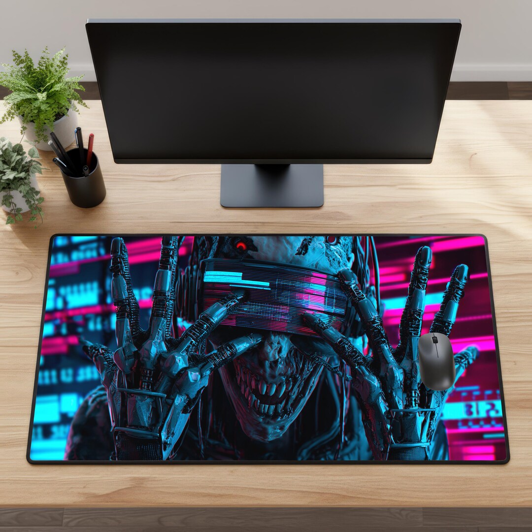 Cyber Maniac Gaming Desk Mat - Neon Glitch XXL Mouse Pad for Cyberpunk ...