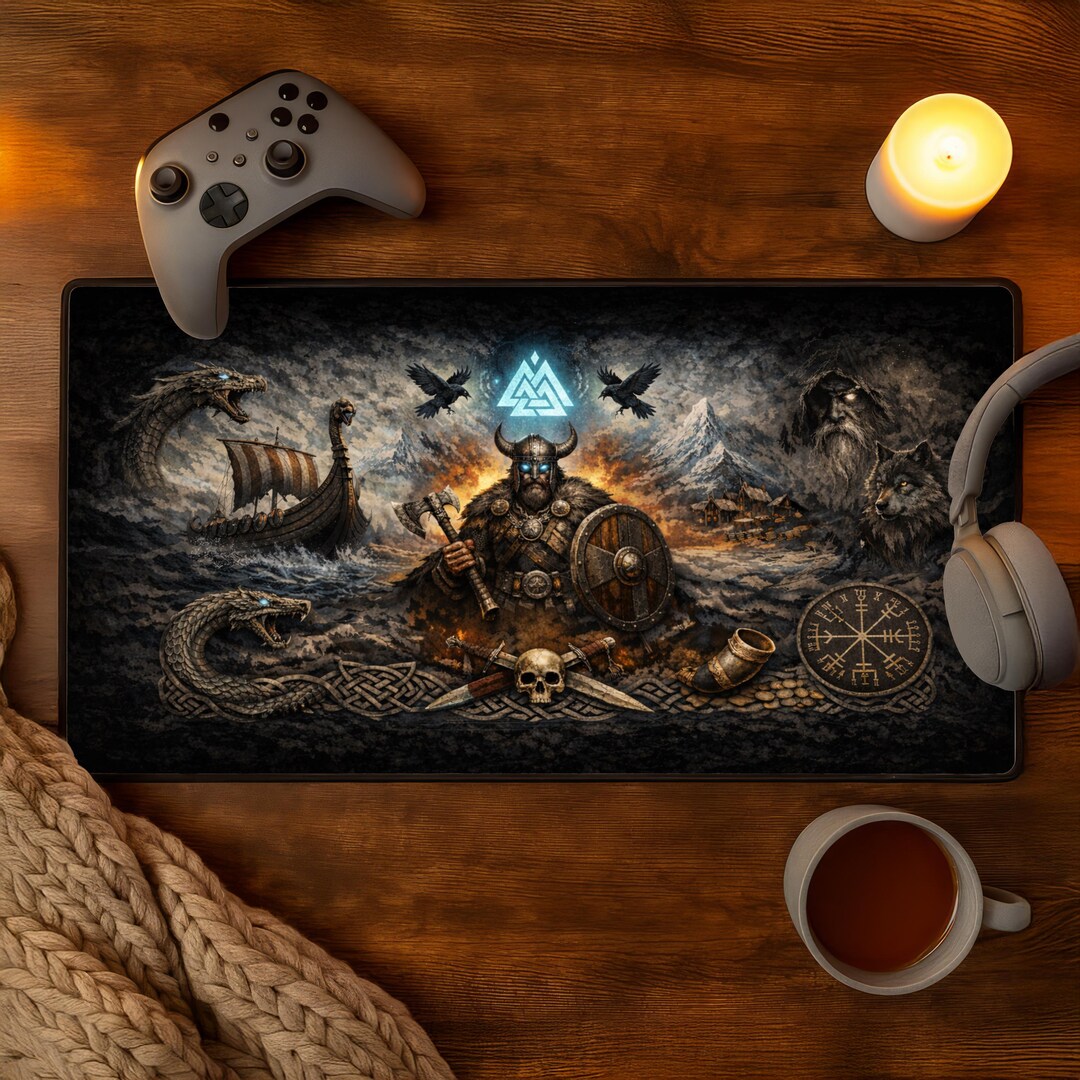 Viking Desk Mat Norse Gaming Mousepad XXL Odin Wolves Serpent Warrior ...