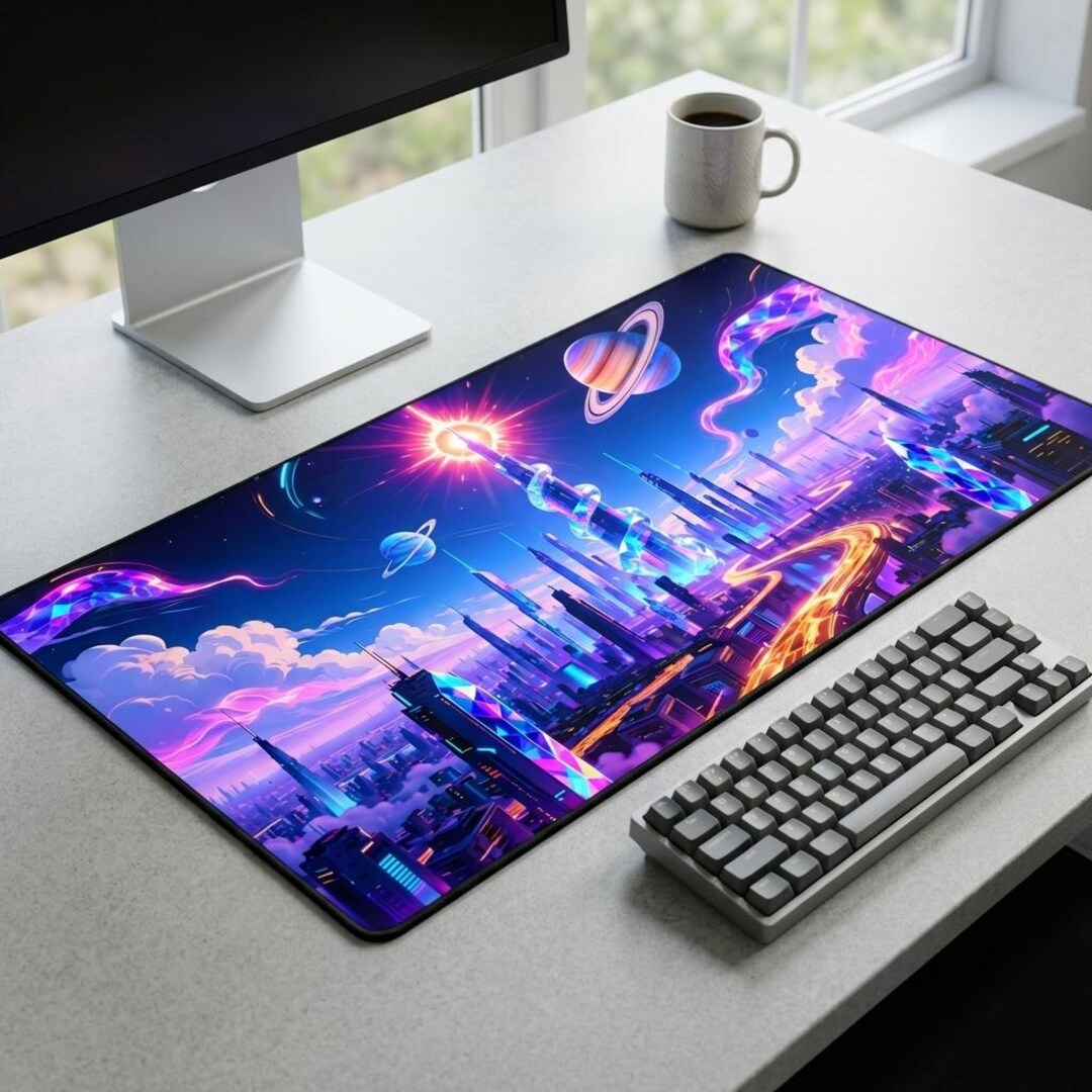 Futuristic Cyberpunk City Mouse Pad Neon Skyline Gaming Desk Mat ...